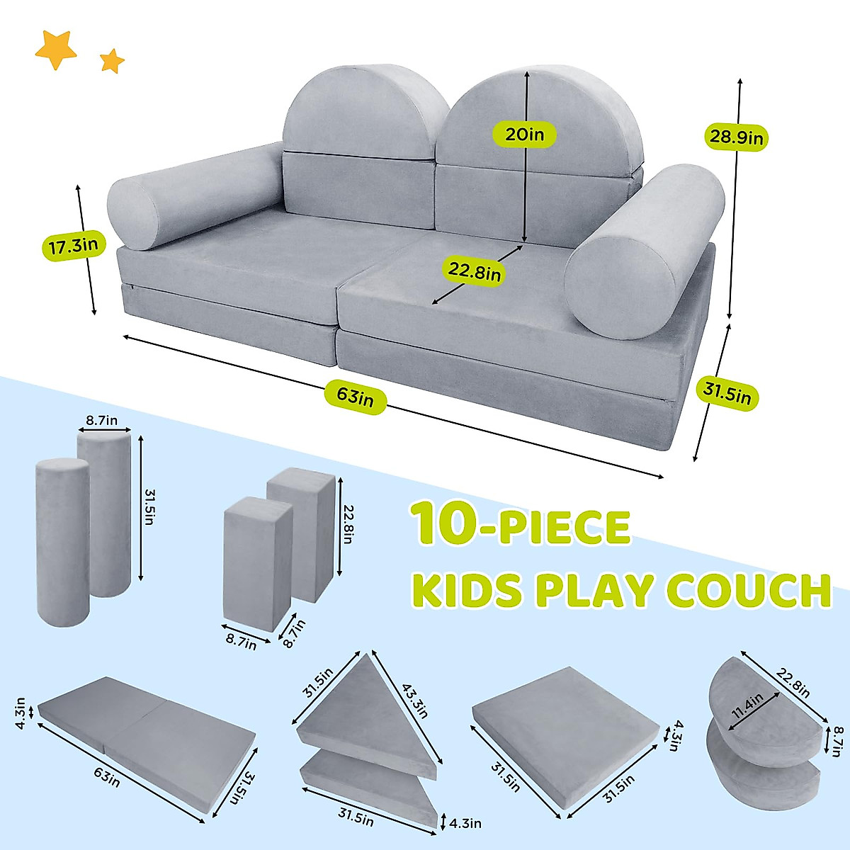 DREAMANIA Modular Play Couch for Kids Toddler Teens, Premium Kids Sofa for Boys Girls, Ideal DIY Gift for Creativing Playroom Couch for Playroom Bedroom Nursery, Grey