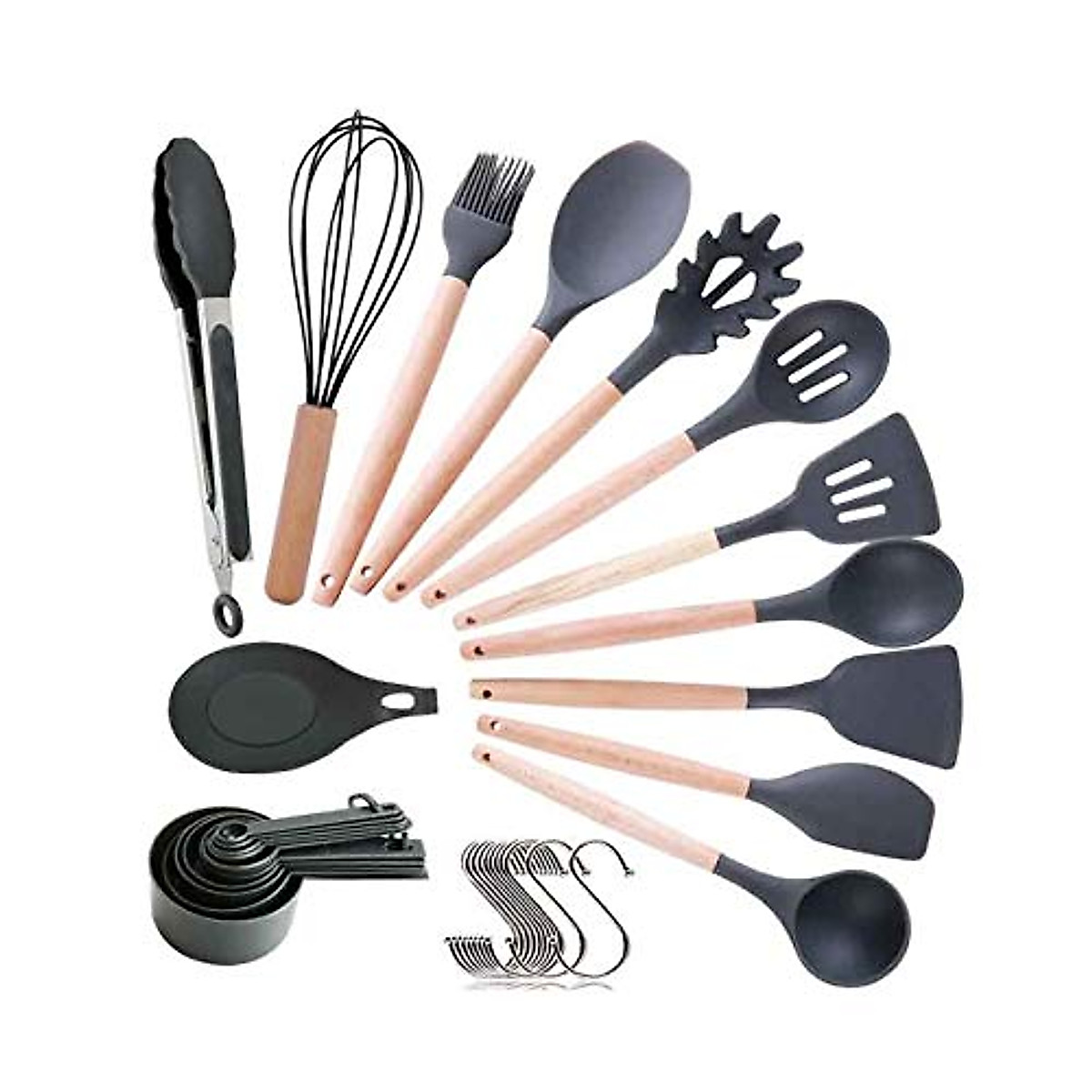 LMMDP Beech Silicone Kitchen Tools Set Cooking Tools Utensils Set Spatula Shovel Soup Spoon with Wooden Handle Special Heat-resistant Design