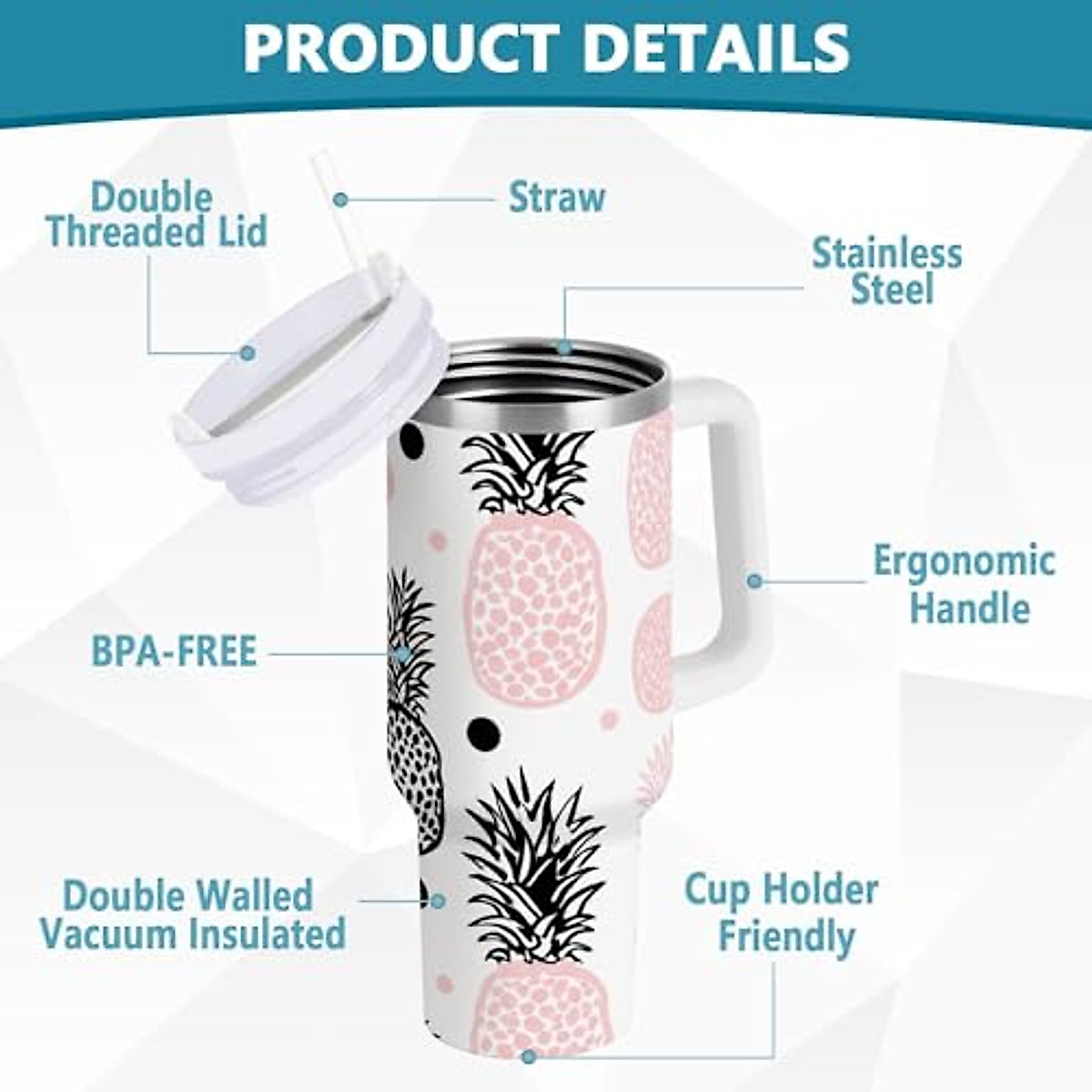 ODAWA Stainless Steel Vacuum Insulated Tumbler 40oz with Lid and Straw, Pineapples Dots White Travel Insulated Tumblers