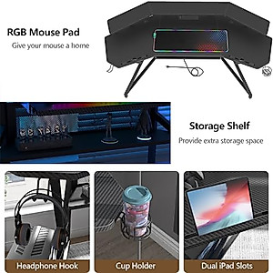 Auromie 72" Gaming Desk with Power Outlet & Led Strip, Large Wing-Shaped Computer Desk w Monitor Stand & Keyboard Tray & RGB Mouse Pad, Studio Desk w Storage Shelf Headphone Hook Cup Holder