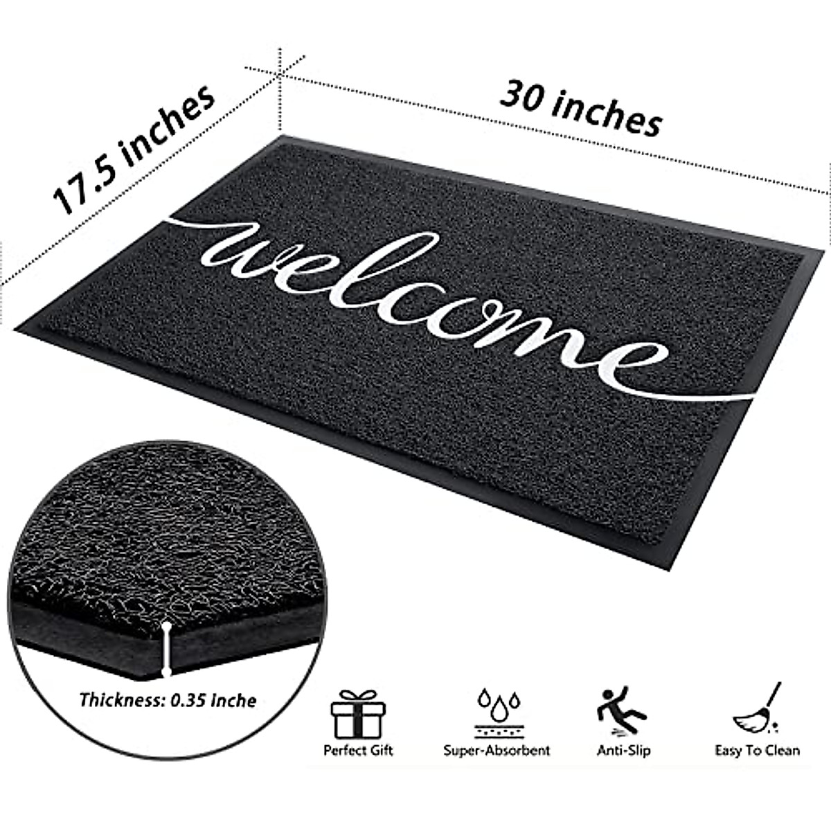 Fireosma Doormat, Outdoor Indoor Welcome mat, Durable Non-Slip Easy to Clean Front Doormat, Entrance Rectangular Doormat, for high Traffic Areas (30" x 17.5", Black)