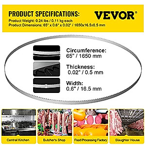VEVOR Band Saw Blade, 65x0.6x0.02 inch, 5 PCS/Pack Meat Bandsaw Blades for Replacement, 65Mn Carbon Steel Blade, 3 TPI Meat Cutting Blade Wrapped by Rust-Proof Paper, for Commercial Bone Saw Machines