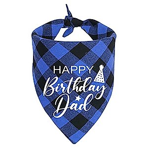 YHTWIN Funny Cute Cotton Blue Plaid Happy Birthday Dad Pet Dog Bandanas, Pet Birthday Party Decorations Supplies Dad Dog Birthday Triangle Bibs, Dog Lover Prop Pet Accessories Gift