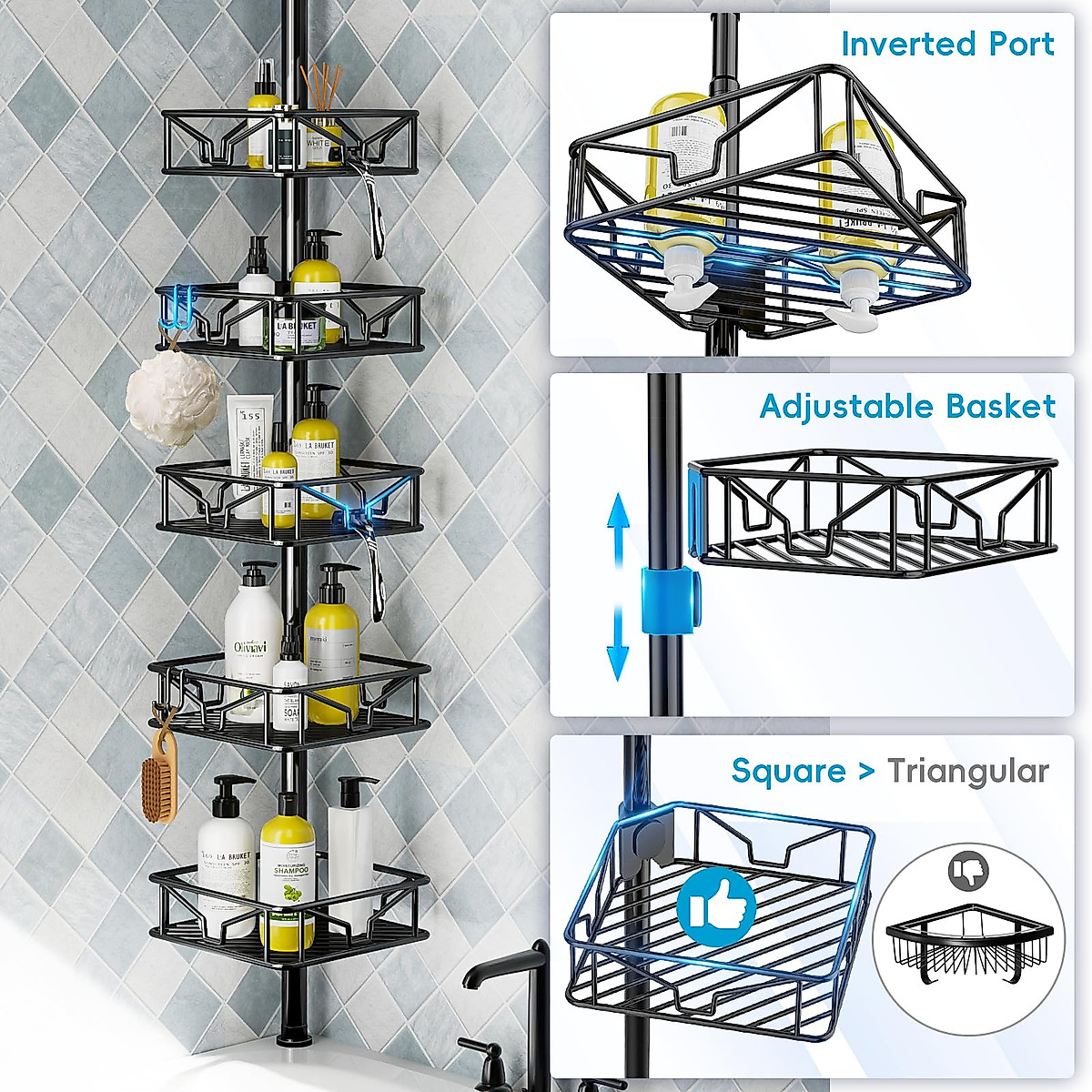 Skycarper 5 Tier Adjustable Corner Shower Caddy Organizer with Hooks,Rustproof Tension Pole 62-116 Inch, Black