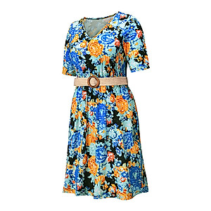 Office Dresses for Women for Work A Line Swing Casual Short Mini Dress Casual V Neck Ruffle Solid Color Flare Dress