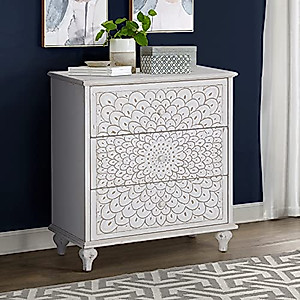 Sophia & William Accent Storage Cabinet with 3 Drawers Distressed Storage Chest with Carved Finch Feather Pattern for Entryway Living Room Bedroom