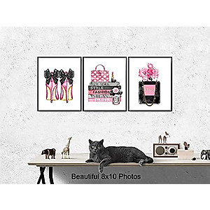 Glam Designer Perfume, Shoes, Handbags Wall Decor - Cute Gift for Fashionista - High Fashion Luxury Couture Wall Art Poster Set for Women, Teens, Girls Bedroom