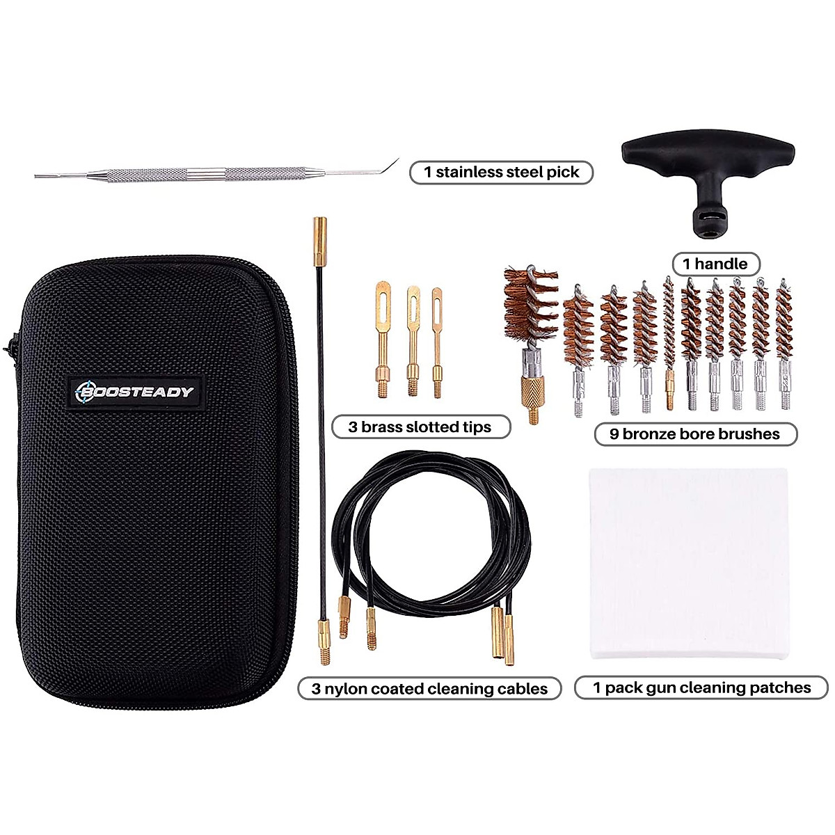 BOOSTEADY Gun Cleaning Kit .17 .22/.223/5.56MM .243 .280 .30 .357/9MM .40 .45 12GA Multi-Caliber Phosphor Bristle Bore Brushes with Flexible Threaded Bore Cleaning Coated Cables in Zippered Case