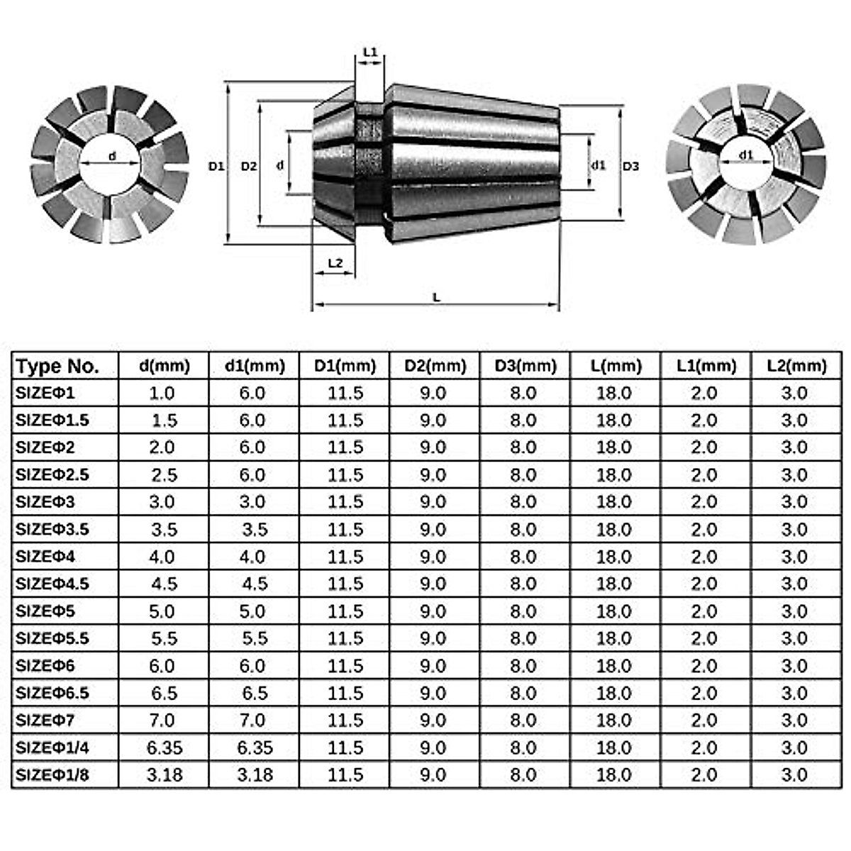 Genmitsu 15PCS ER11 Precision Spring Collet Set for CNC Engraving Milling Lathe Chuck Tool, 1.0mm-7.0mm & 1/4", 1/8"