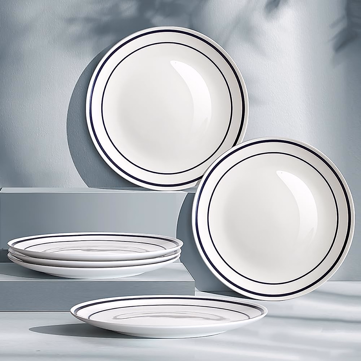 YFWOOD Ceramic Dinner Plates Set Of 6, 10.5 Inch Kitchen Dish Set, Contemporary Round Porcelain Tablewar,Microwave,Dishwasher and Oven Safe, Scratch Resistant Deep Plates - White & Blue Double Line