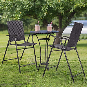 HAPPYGRILL Folding Wicker Rattan Bar Chairs Set of 4, Patio Tall Stool with Back, Steel Frame, Armrests and Footrest Bar Chairs for Garden Patio Furniture Set
