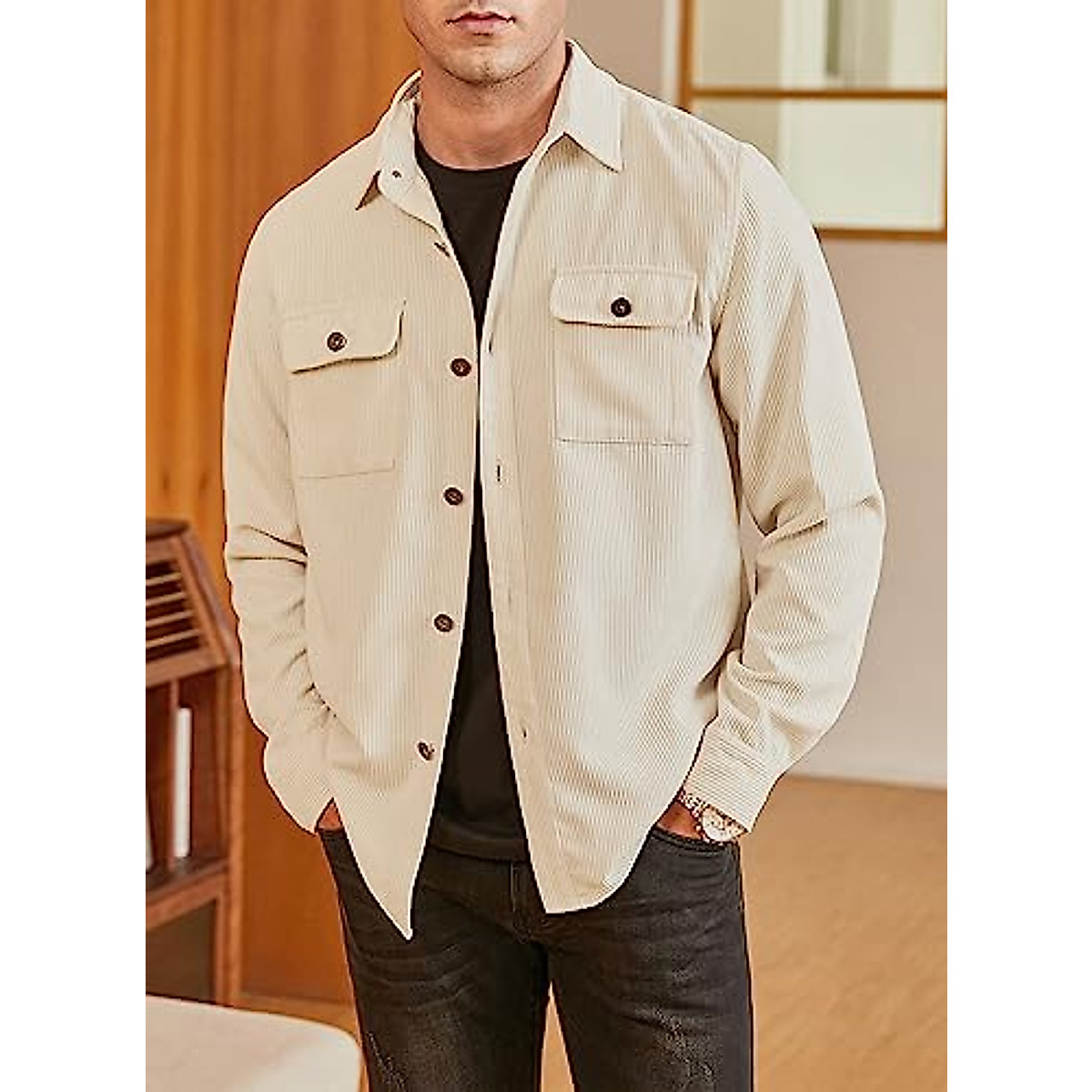 JMIERR Mens Corduroy Casual Button Down Shirts Long Sleeve Jackets Slim Fit Jacket with Flap Pockets, US 43(L), A Apricot