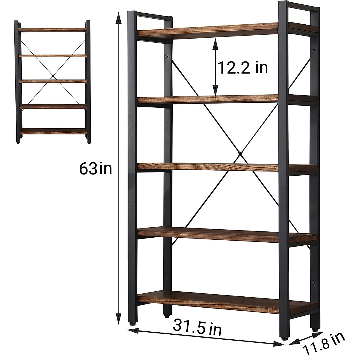 WH-AOERPUMY 5 Tier Bookcase, Solid Wood Bookshelf Rustic Vintage Industrial Etagere Bookcase, Metal and Wood Free Vintage Bookshelf, Retro Brown (Real Wood) (5-Tiers)