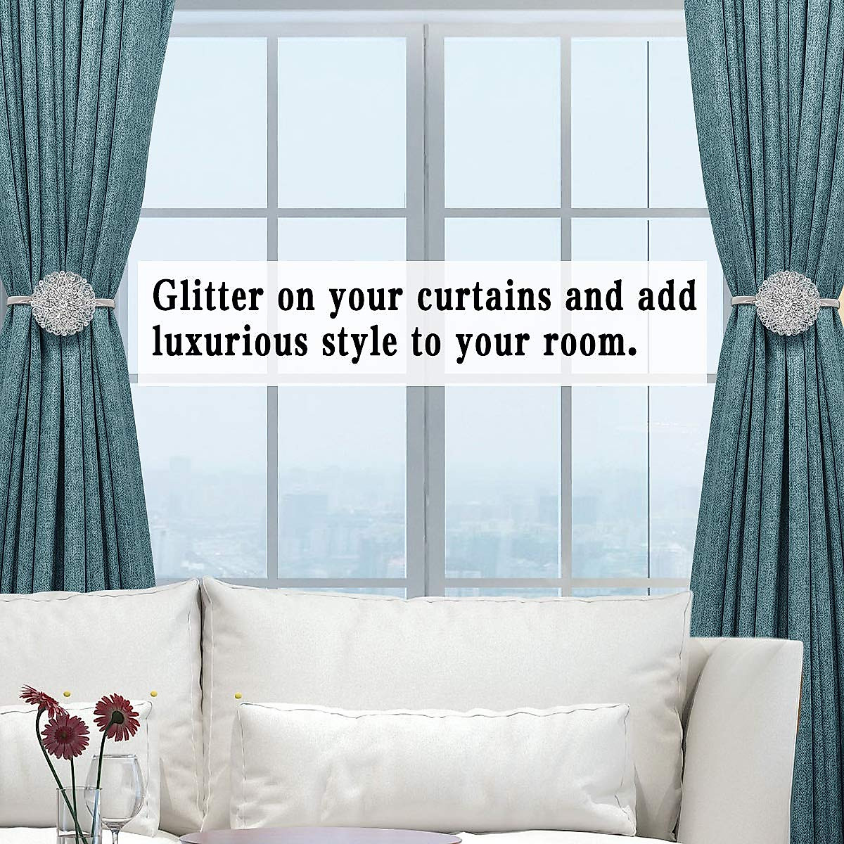 MoKo Crystal Flower Magnetic Curtain Tiebacks, 2 Pack Window Curtain Decorative No Drilling Drapery Holdbacks Flower Curtain Buckle with High-Elastic Spring Wire for Home Office Decor - Silver