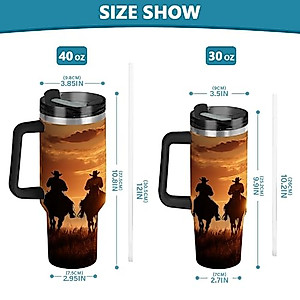 Flradish 30oz Tumbler with Handle, Desert Troops Cowboy under Sunset Stainless Steel Tumbler with Lid and Straws Double Wall Vacuum Insulated Leakproof Coffee Travel Mug