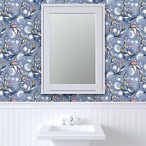 Peel & Stick Wallpaper Swatch - Whimsical Night Pastel Blue Pink Moon Star Sky Custom Removable Wallpaper by Spoonflower