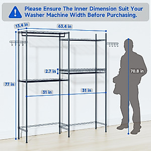 Over the Washer and Dryer Storage Shelf, Height Adjustable Laundry Room Organization Shelf, Clothes Drying Rack for Laundry Room Organization and Storage with Wire Basket, Hanging Rods and Side Hooks