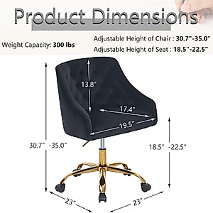 MOJAY Velvet Office Swivel Chair, Vanity Fabric Desk Pretty Fancy Gold Office Chairs for Girls, 360°Swivel Height Adjustable Reception Chair (Black)