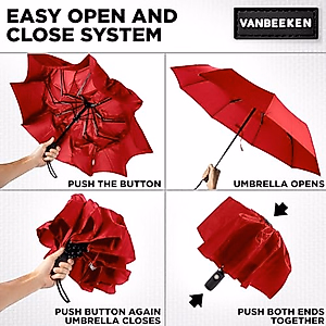 VAN BEEKEN Automatic Open and Close Umbrella, Red, for Men and Women