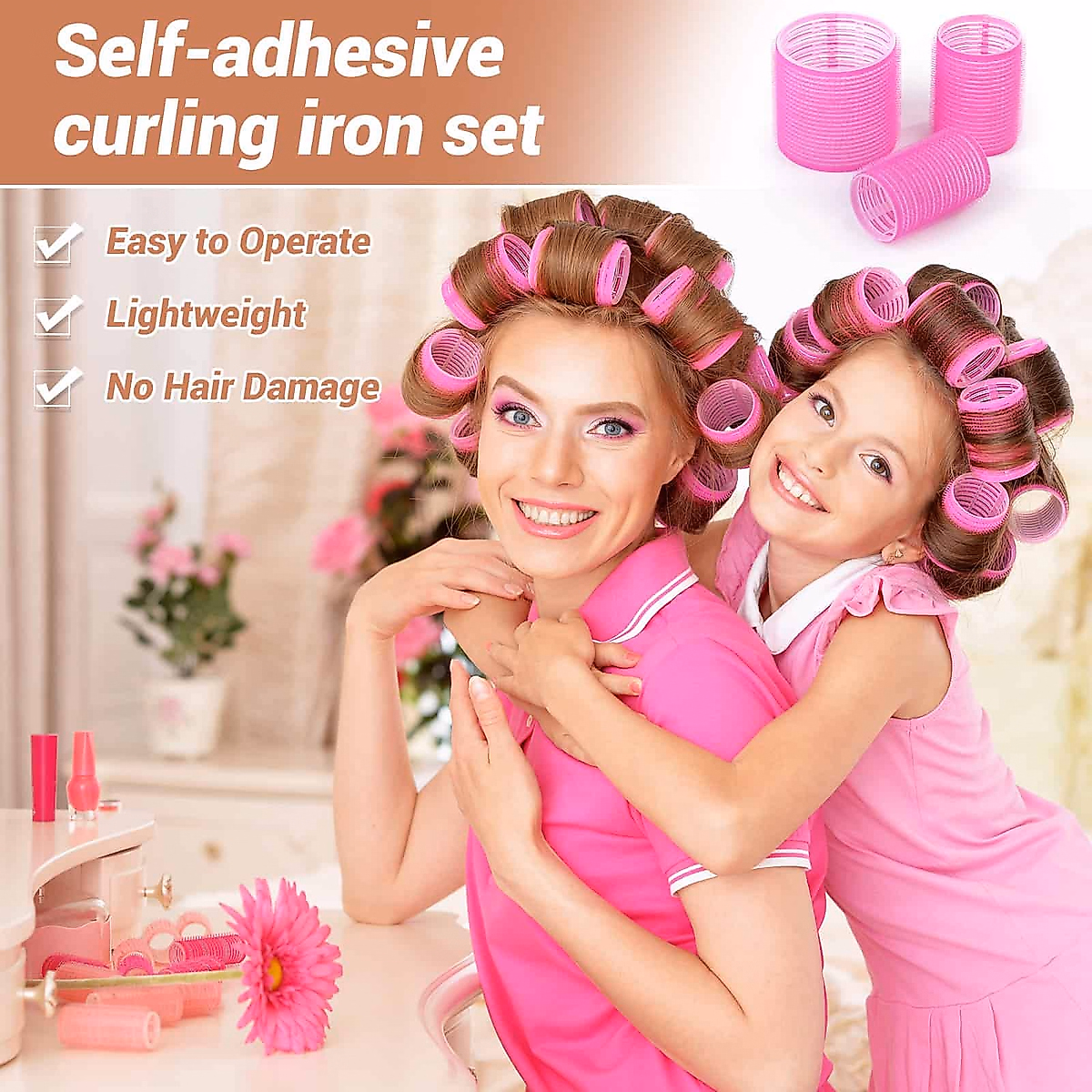 Self Grip Hair Rollers Curlers Set - 24 Pieces with 3 Sizes (4 Jumbo, 4 Large, 4 Medium) and 12 Clips for Volume on Long, Short, Thick, or Fine Hair
