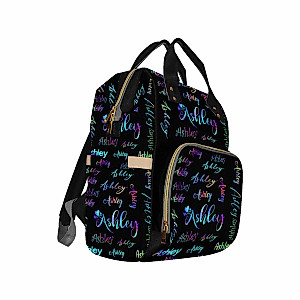 Custom Diaper Bag, Dazzle Color Name Text Logo Black Personalized Diaper Backpack with Text Mummy Nursing Baby Bags Shoulders Bag Casual Daypack Travel Bag for Mom Mother's Day