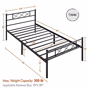 Yaheetech Black Twin Metal Platform Bed Frame Mattress Foundation with Headboard and Footboard Under Bed Storage Steel Slats No Box Spring Needed 2Pcs