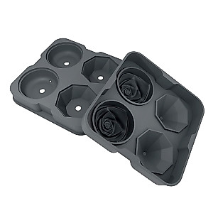 Ice Cube Tray, HANCELANT 2.5inch Ice Cube Molds, 2 Cavity Silicone Rose & 2 Diamond Ice Ball Maker, Easy Release Large Ice Cube Form for Chilling Cocktails, Whiskey, Bourbon & Homemade Juice (Gray)