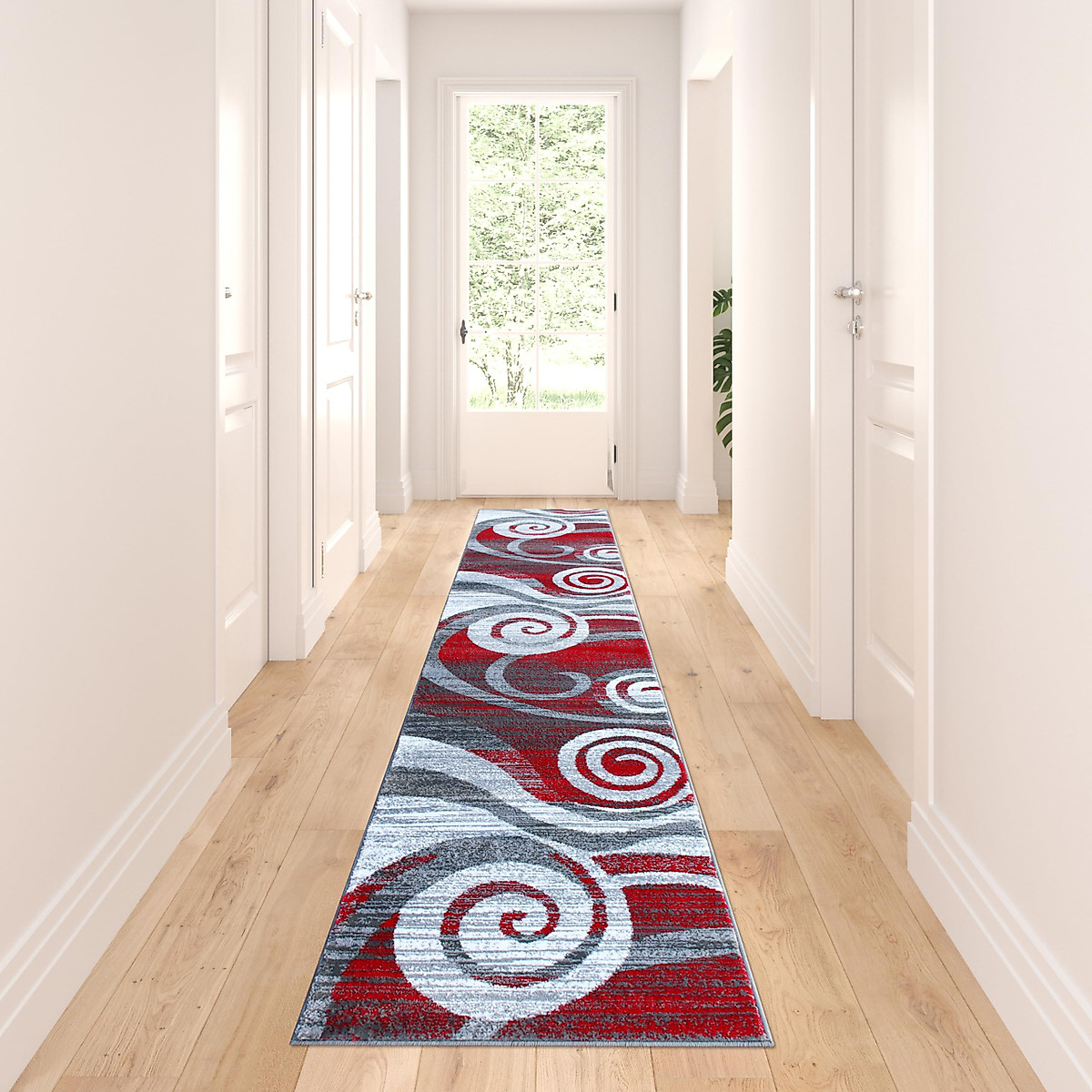 BizChair 2' x 11' Red Swirl Patterned Olefin Area Rug with Jute Backing for Entryway, Living Room, Bedroom