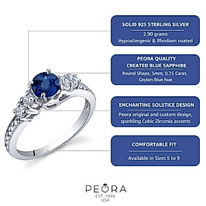 PEORA Created Blue Sapphire Women Ring 925 Sterling Silver, Enchanting Solstice Design, 0.75 Carat Round 5mm Size 6