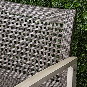 GDFStudio Outdoor Wood and Wicker Loveseat, Light Gray Finish with Mix Black Wicker