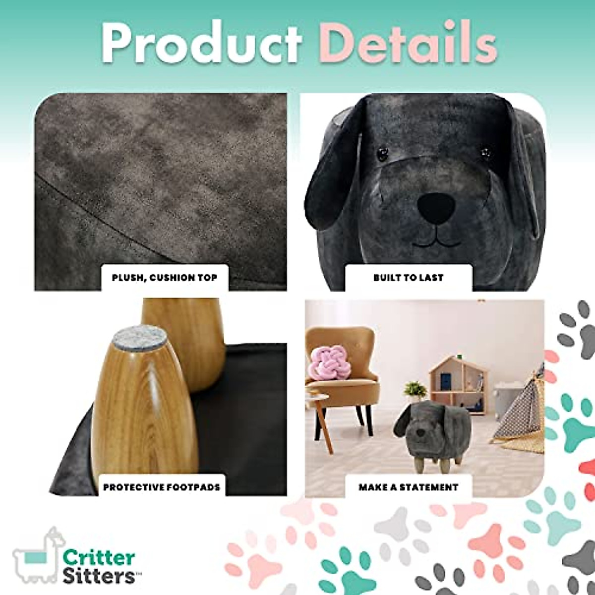 Critter Sitters 14-In. Seat Height Faux-Suede Dark Gray Dog Animal Shape Small Ottoman, Kids Furniture for Nursery, Bedroom, Playroom, and Living Room Decor, Multifunctional Cushioned Step Stool