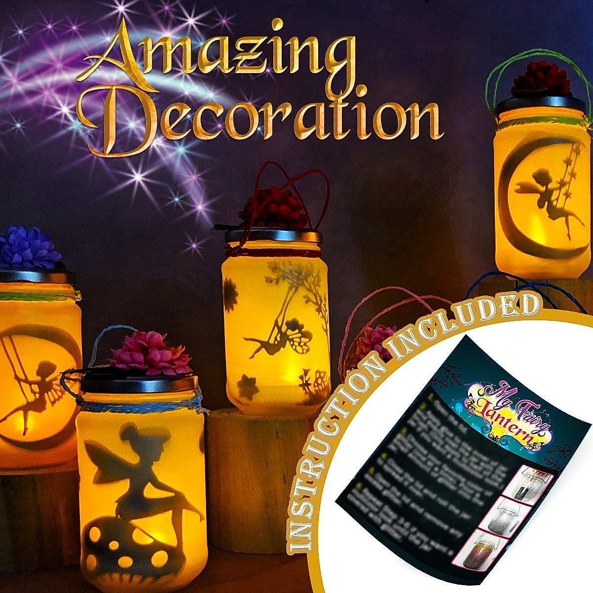 FUNZBO Fairy Lantern Jar Craft Kit - Arts and Crafts for Girls with Fairy and Unicorn Silhouettes, Kids Night Light for Room Decorations, Kids Art Projects, Craft Kits for Kids Ages 4-8