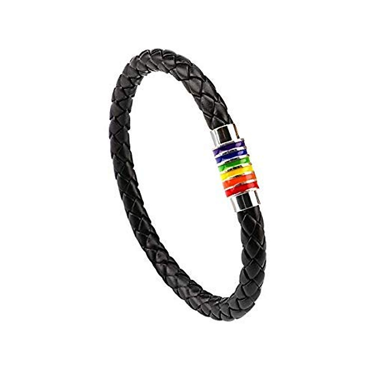 PHOGARY Gay Pride Bracelet LGBT Rainbow Bracelet (2 Packs), Couple Black Leather Bracelet Men’s Women’s Bangle with Rainbow Striped Stainless steel Magnetic Clasp 22cm
