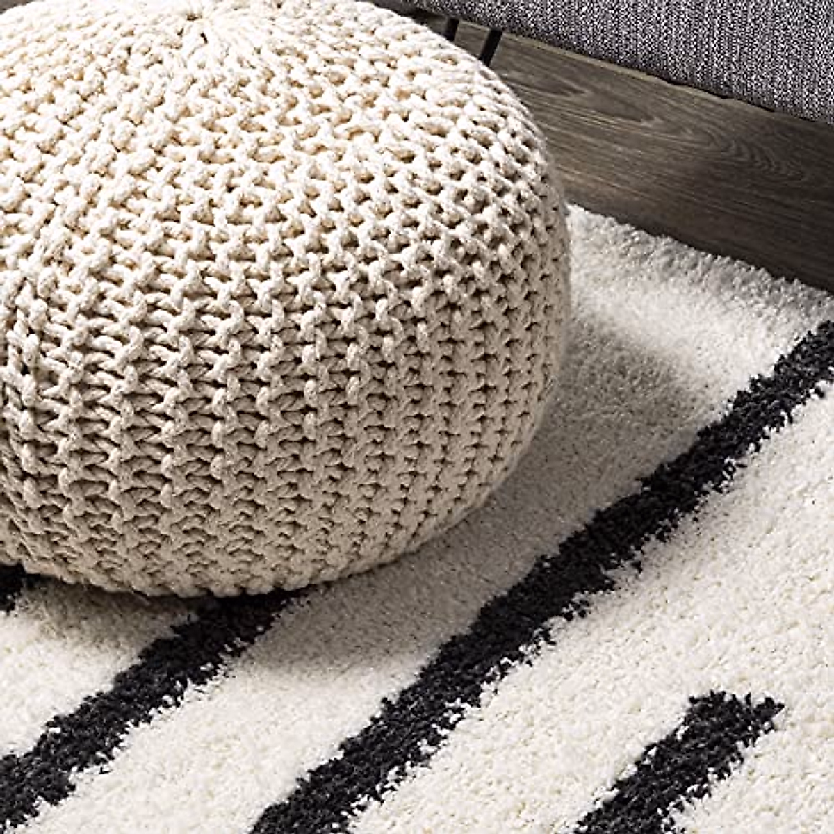 JONATHAN Y MOH402A-5 Alaro Berber Stripe Shag Indoor Area -Rug Bohemian Geometric Contemporary Glam Easy -Cleaning Bedroom Kitchen Living Room Non Shedding, 5 X 8, White/Black