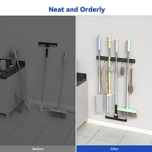TOOVEM Mop and Broom Holder Wall Mount, Self Adhesive Heavy Duty Broom Organizer Storage Tool Racks for Home Garden Garage Laundry Room, Grey (4 Racks and 4 Hooks)