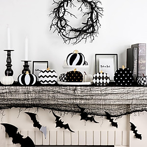Treory Fall Thanksgiving Table Decorations: 6ct Black White Pumpkin Thanksgiving Tiered Tray Decor, Autumn Pumpkins with Stripe and Gold Dots, Kitchen Desk Tabletop Wooden Sign for Home School Office