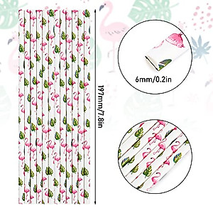 Whaline 100Pcs Summer Paper Straws Flamingo Tropical Leaves Disposable Paper Straws Hawaii Theme Decorative Straws for Summer Party Baby Shower Supplies Juices Shakes Cocktail Decoration