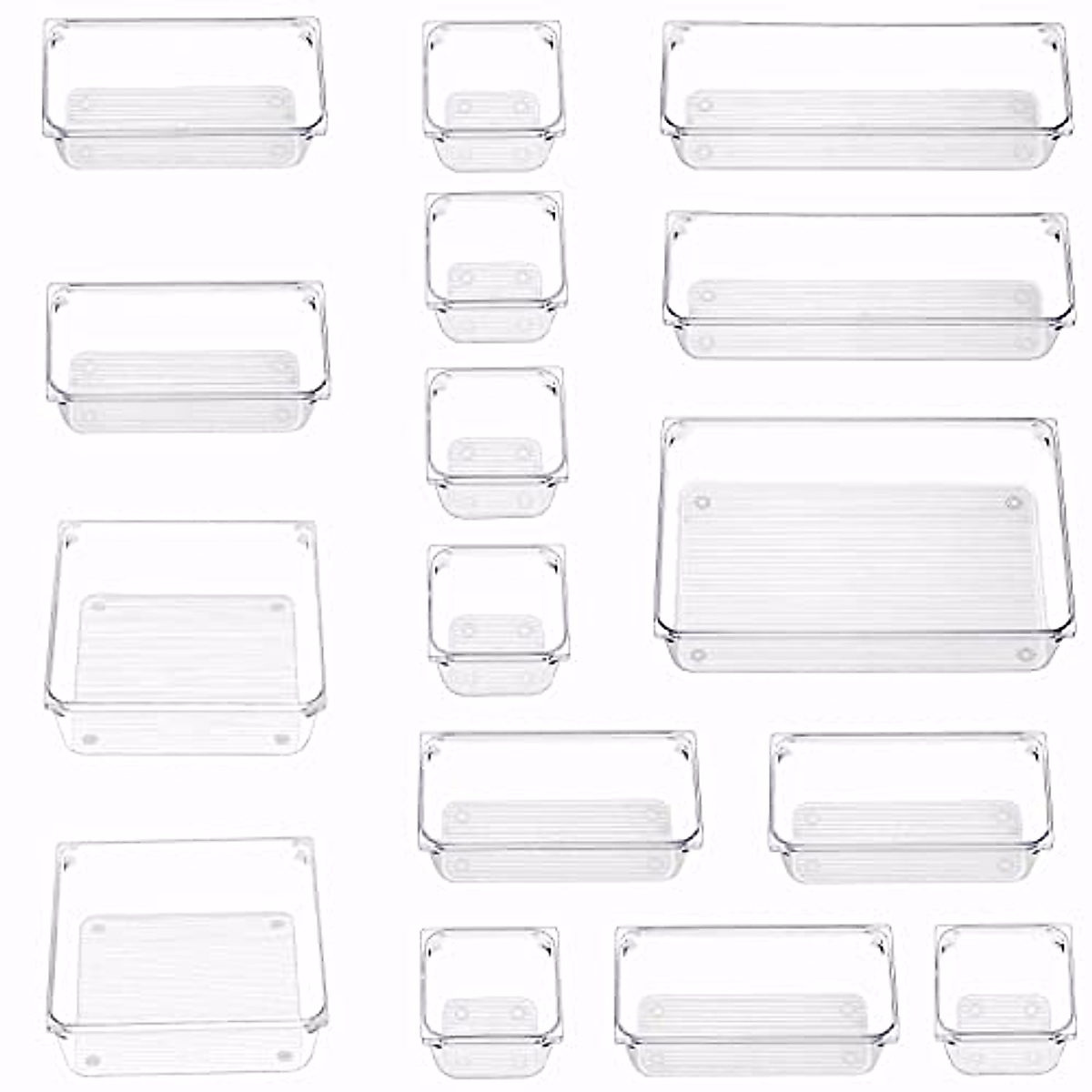 16 PCS Clear Plastic Drawer Organizers Set,5-Size Versatile Bathroom and Vanity Drawer Organizer Trays, Storage Bins for Makeup, Jewelries, Kitchen Utensils and Office