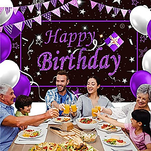 Black Purple Birthday Decorations, Happy Birthday Backdrop for Women Girls Men 13th 16th 18th 21st 30th 40th 50th 60th Birthday Party Decorations Purple, Black Silver and Purple Balloon Arch Kit