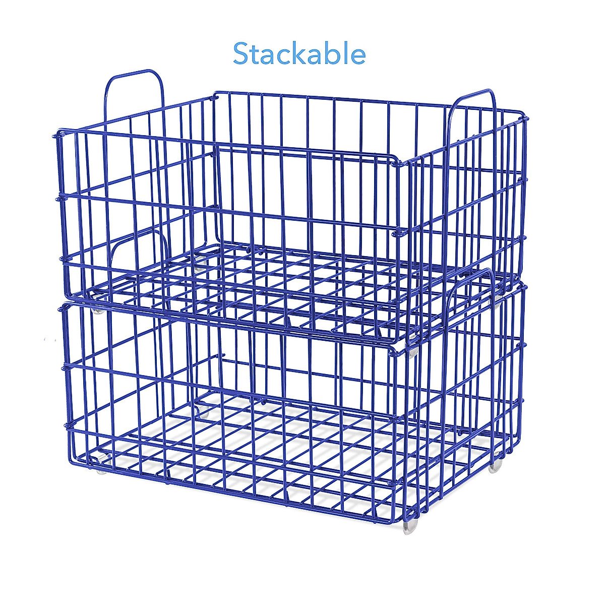 Atlantic Tabletop Wire Storage Basket, Heavy-Gauge Powder-Coated Metal Wire Construction, Stackable for Easy Expansion, Collapsible & Foldable, Non-Slip Feet, Plastic Liner, PN 23308043 – Blue
