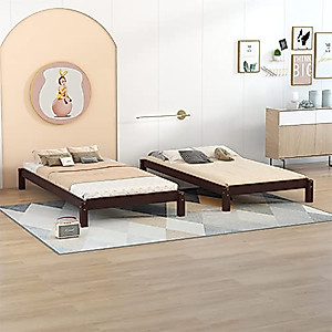 Solid Platform Bed Twin Size Wood Stackable Twin Beds with Wooden Slats Convertible Floorbed Frame Without Headboard for Kids Girls Boys Teens, No Box Spring Needed – Two Beds Set, Walnut
