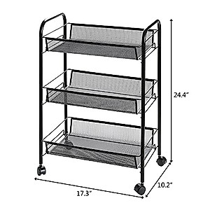 Karl home 3 Tier Storage Cart, Rolling Shelving Unit with Hooks, Trolley Craft cart, for Kitchen Bathroom Office Living Room, Black(17.32" L x 10.24" W x 24.41" H)