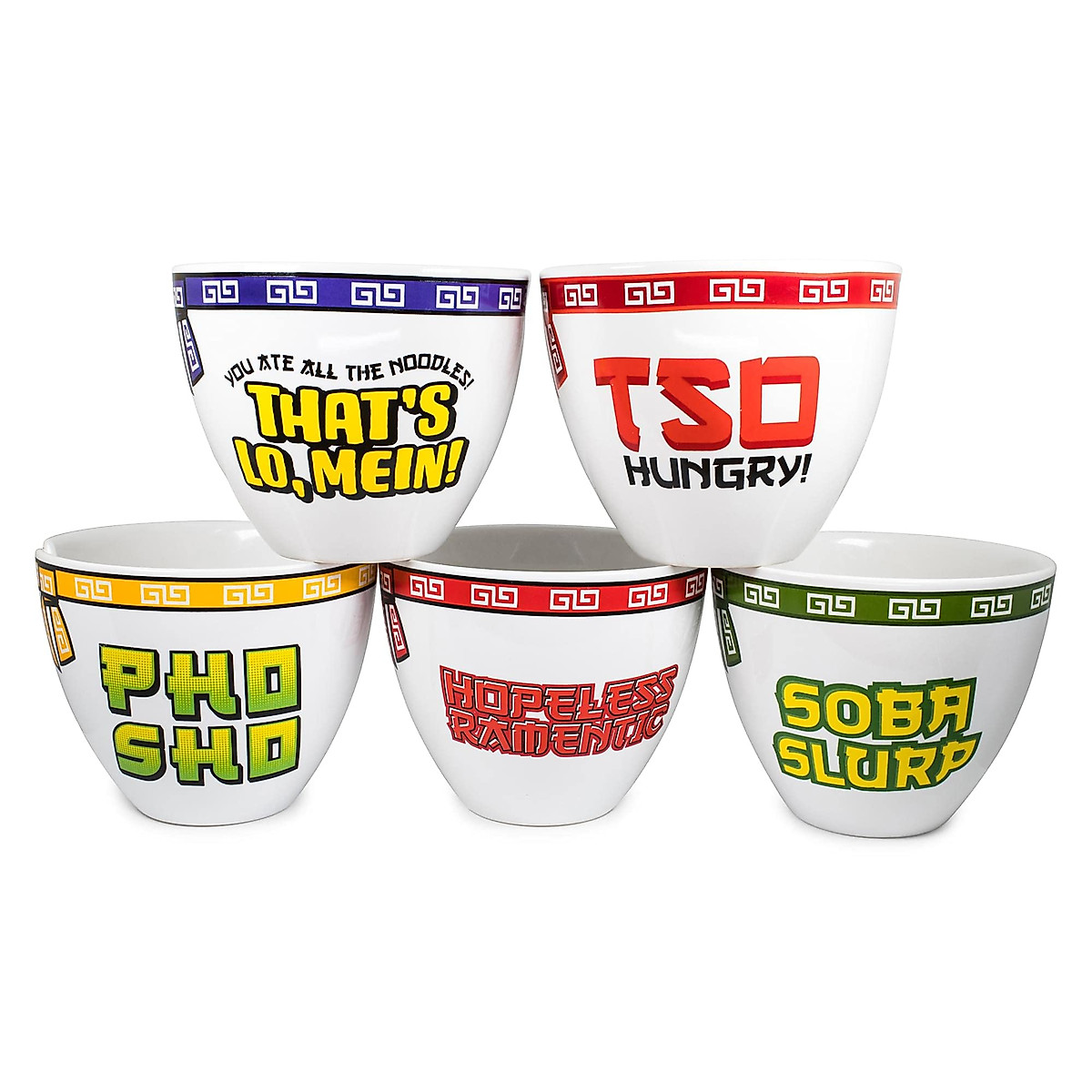 Boom Trendz Ramen Bowl Set of 5 | Ramentic | LoMein | PhoSho | Soba | TsoHungry, Multicolor