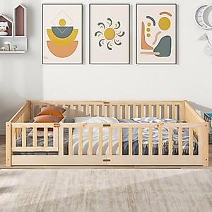 LLS Queen Floor Bed for Children, Durable Montessori Floor Bed with Wood Slats, Safety Fence & Small Door, Wood Floor Bed Frame for Girls Boys Children, Natural (with Bed Slats)