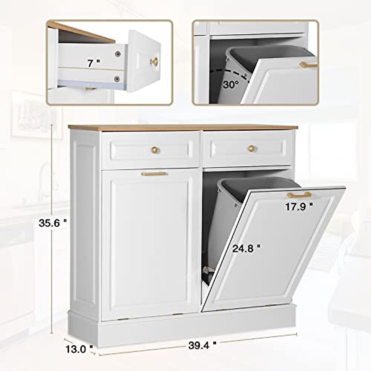 ONG Double Kitchen Trash Cabinets Dual Tilt-Out Trash Bin Can Cabinets with Drawers, Free Standing Hideaway Trash Holder Waste Can Bin for Trash Disposal, Recycle (White)