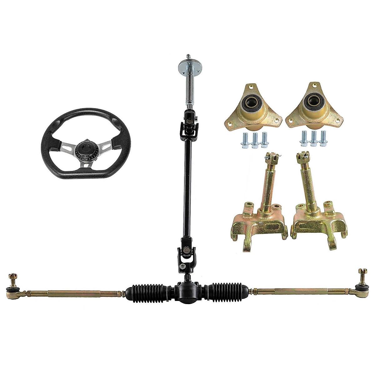 YC Yier Front Steering Wheel Tie Rod Kit Gear Rack Pinion Shaft & 3 Stud Wheel Hub Steering Spindle Knuckle DIY Parts for Go Kart Go Cart Golf Cart ATV UTV Quad Buggy Drift Trike Lawn Mower