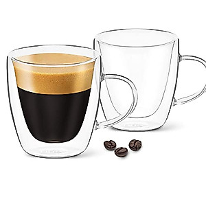 DLux Espresso Coffee Cups 3oz, Double Wall, Clear Glass Set of 2 Glasses with Handles, Insulated Borosilicate Glassware Tea Cup