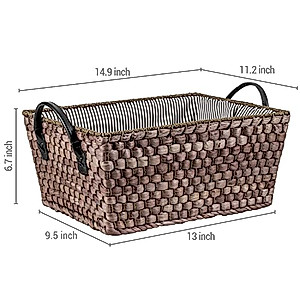 MyGift Woven Brown Wicker Handled Storage Basket with Decorative Striped Fabric Liner, Rectangular Open Organization Basket Bin for Nursery, Magazines Pet Toys, Media and Small Household Items