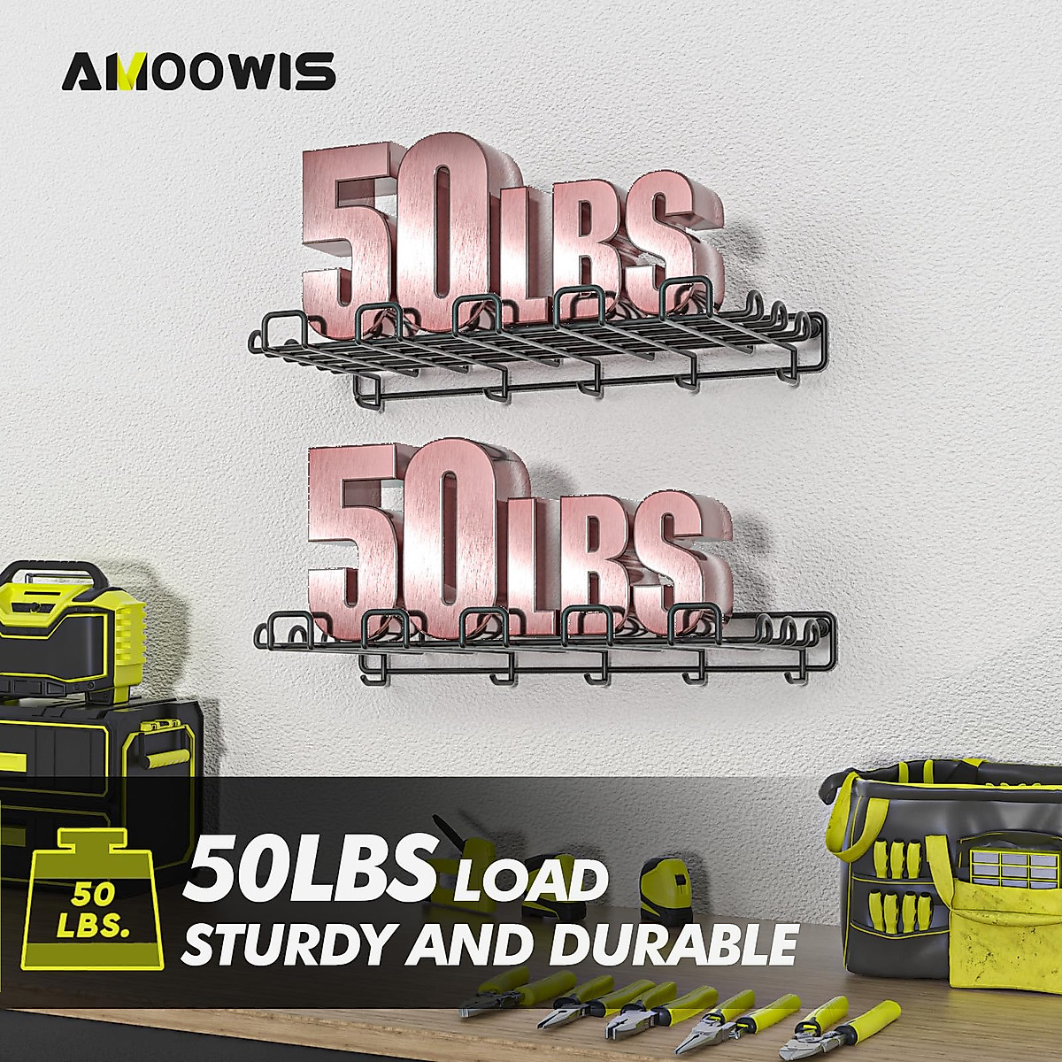 Amoowis Garage Wall Shelf 2 Pack 16.5"x7.1" & Max Load 50 lbs Wall Mount Heavy Duty Metal Shelves Mesh Storage Rack for Garage, Office, Basement, Wall Cabinet and Kitchen Suitable for Garage/Closet