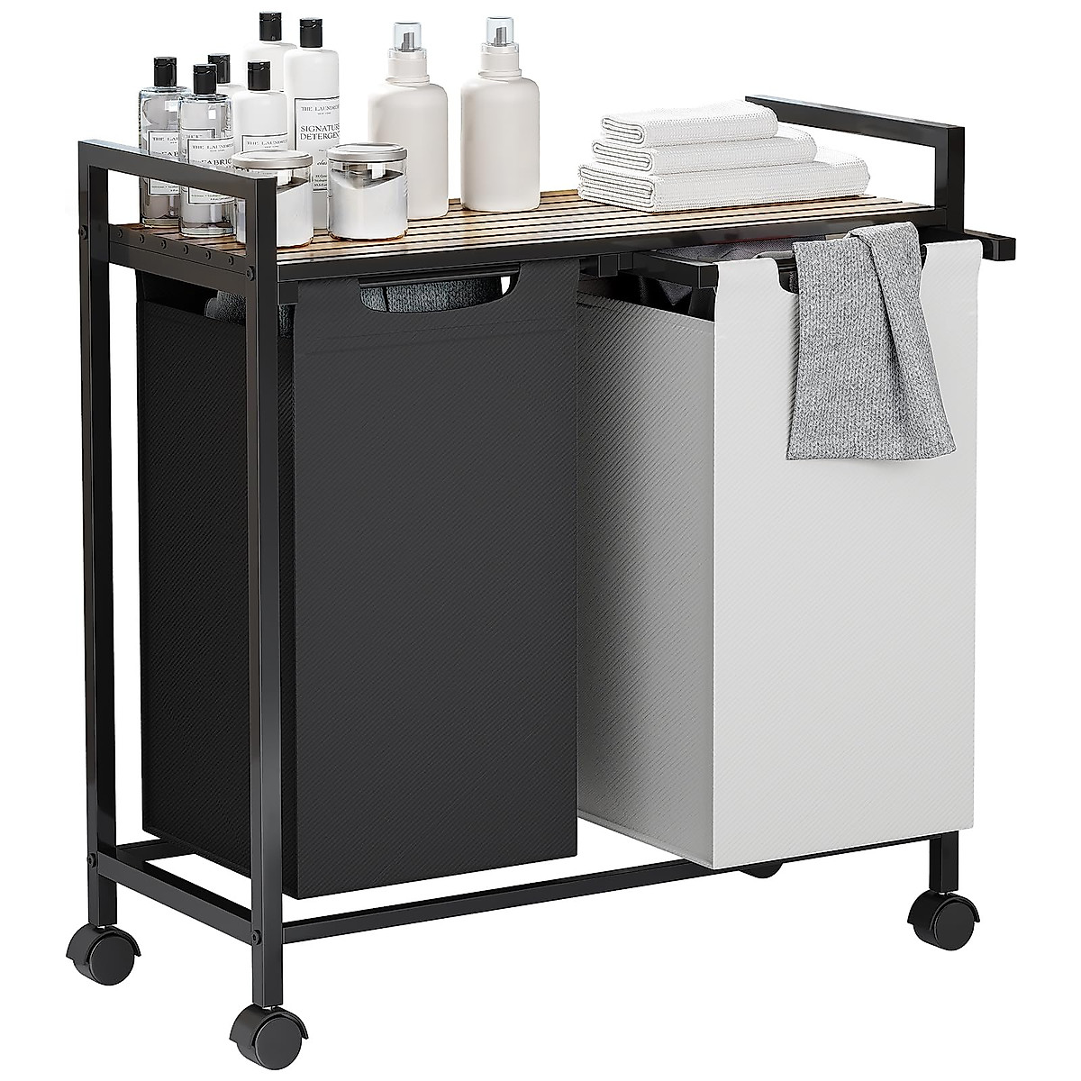 ZERDER Laundry Hamper, Black and White 2 x 50L Laundry Baskets with Top Shelf and 4 Universal Casters, Removable Laundry Sorter Bags, Clothes Hamper for Laundry Room, Bathroom